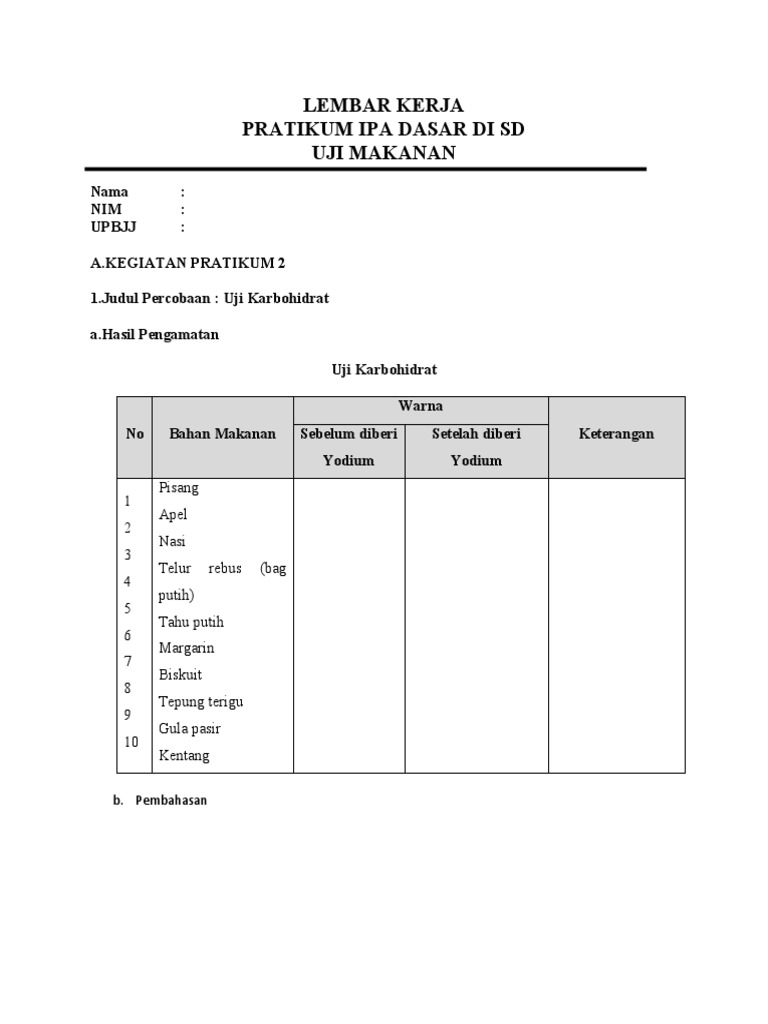 Lembar Kerja Uji Makanan | PDF