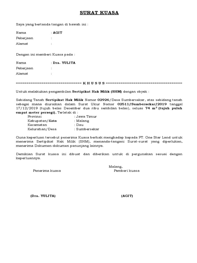 Surat Kuasa Pengambilan SHM | PDF