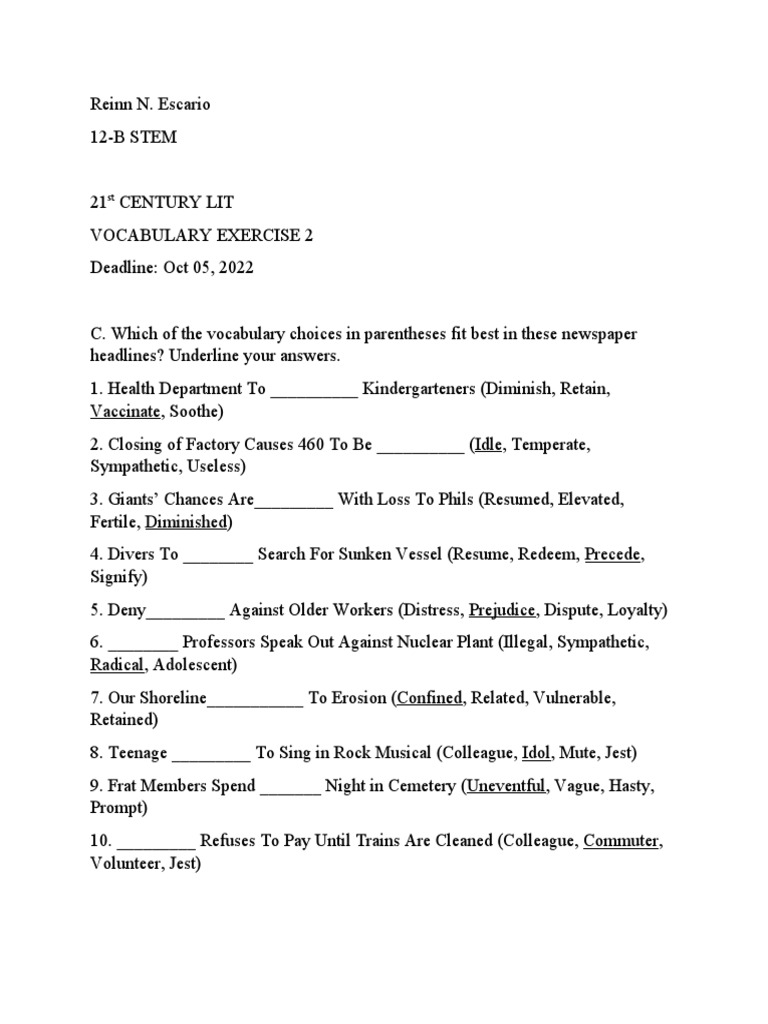 21st CENTURY LIT VOCAB EXER 2 ANSWER | PDF