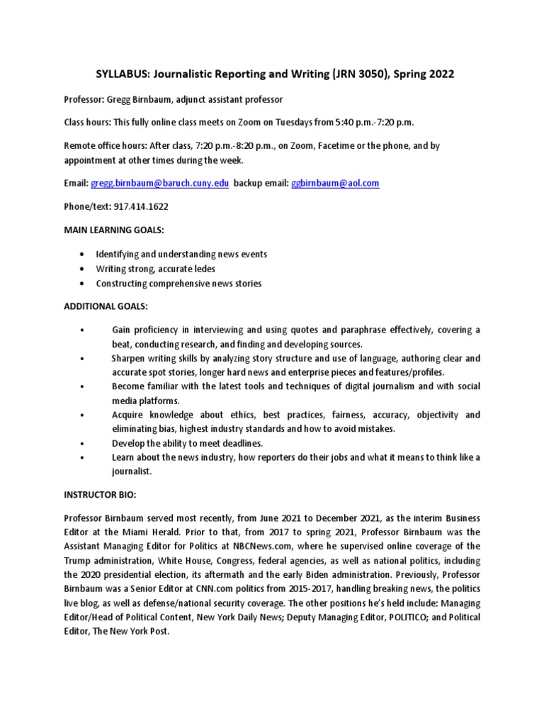 JRN 3050: Reporting & Writing Syllabus | PDF | News | Journalism