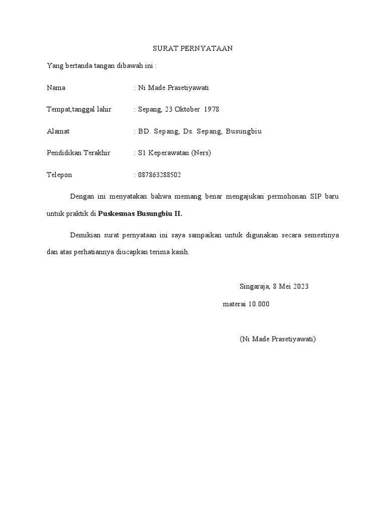 Surat Pernyataan Mengajukan SIP Baru (Baru Pertama Kali Mengajukan Sip Di Suatu Lokasi) | PDF