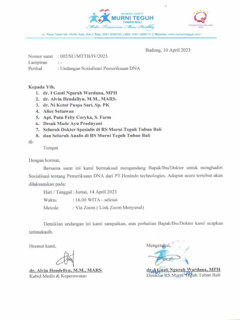 Surat Undangan Sosialisasi Pemeriksaan DNA Murni Teguh Group | PDF
