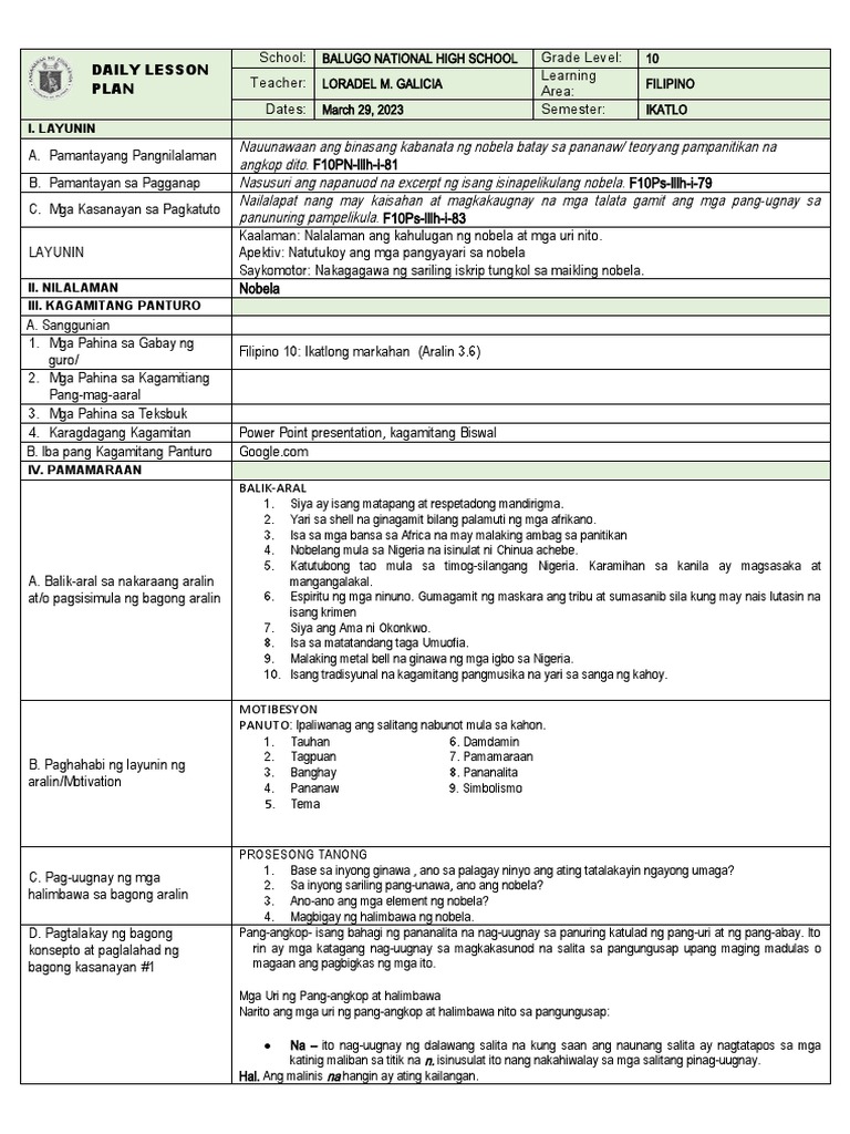 DLP FILIPINO 8 Q3 W1 D1 March 22 | PDF