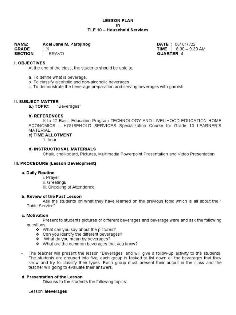 Semi Detailed Lesson Plan in Tle 10 4th Quarter | PDF | Drink ...