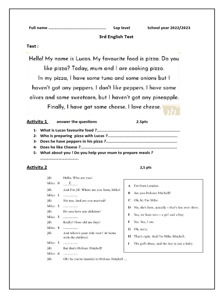 3rd English Test: Assessing Reading Comprehension, Matching Exercises ...