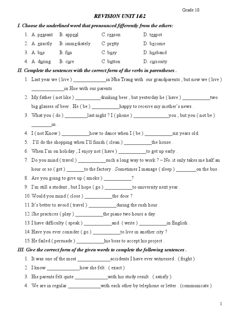 Revision Unit 1 & 2: A Comprehensive Review of Key Grammar Concepts and Exercises | PDF