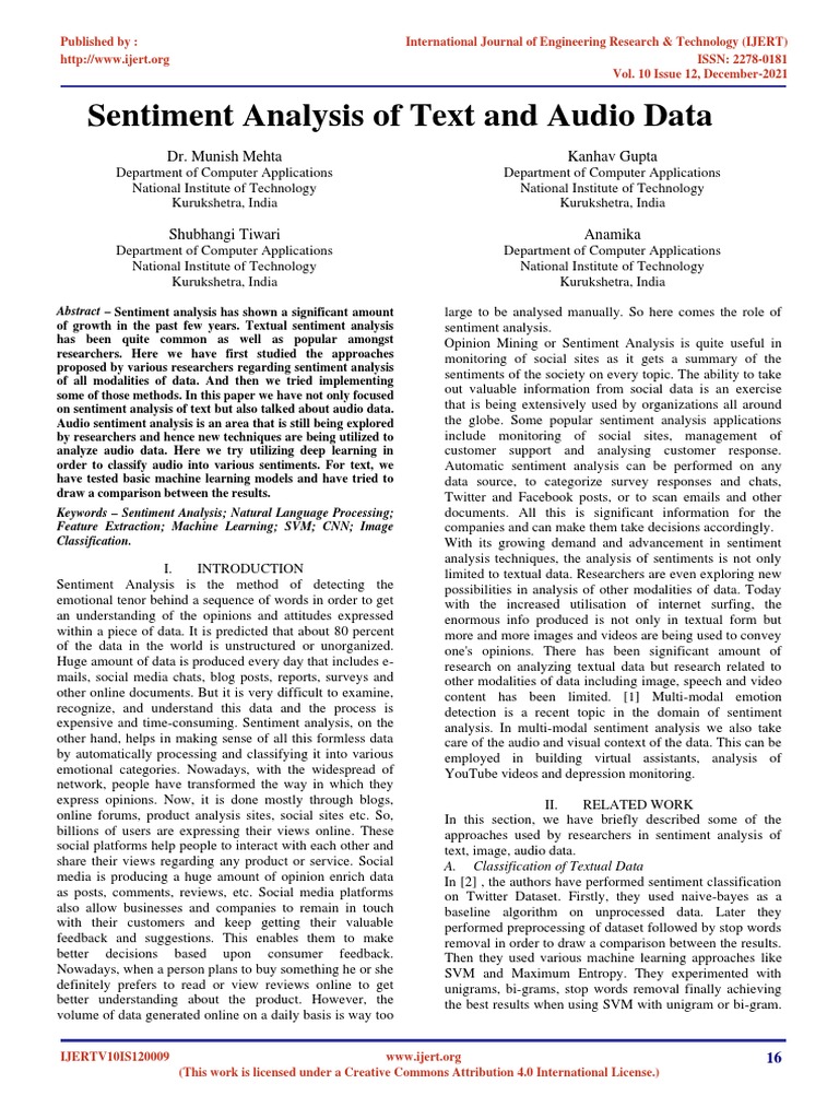 Sentiment Analysis Of Text And Audio Data Ijertv10is120009 Pdf