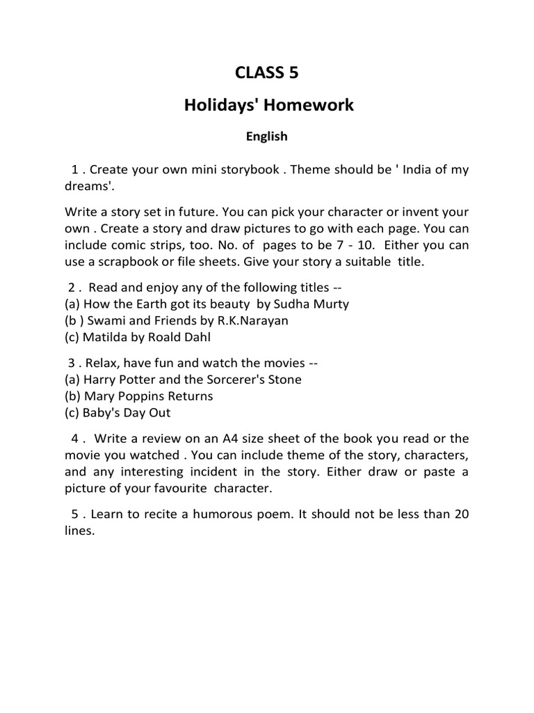 Class 5 Holidays' Homework PDF | PDF