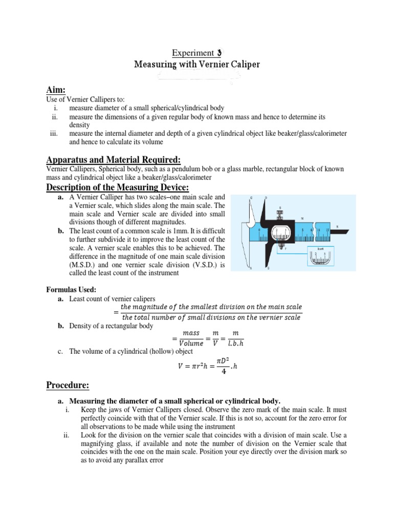 Experiment 1 Vernier Callipers PDF | PDF | Length | Physical Quantities