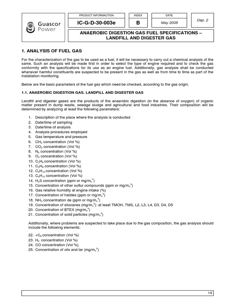 Anaerobic Gas Fuel Specs | PDF | Chlorine | Biogas