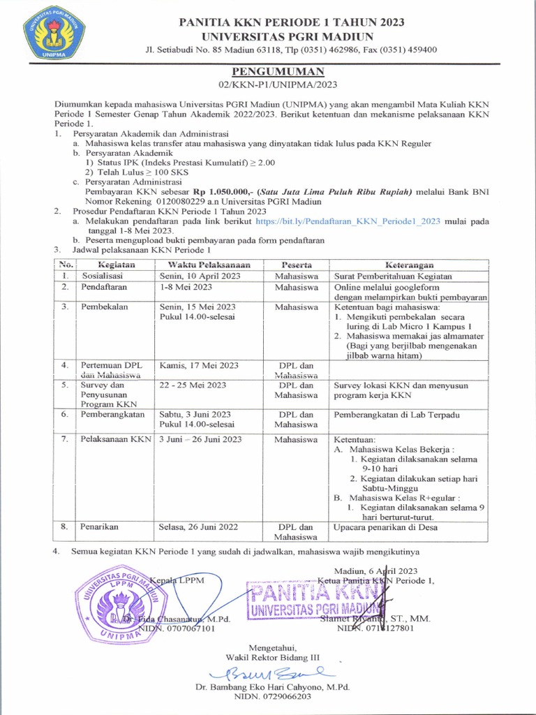 Pengumuman KKN Periode 1 Tahun 2023-1 PDF | PDF