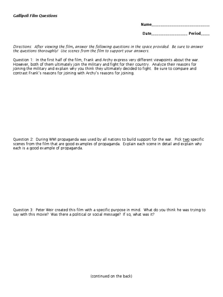 Gallipoli Film Questions | PDF