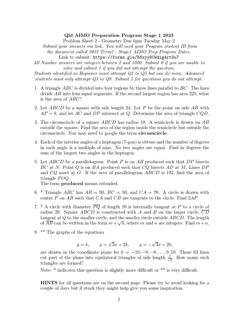 AIMO 2023 Geometry Problem Sheet | PDF | Circle | Triangle