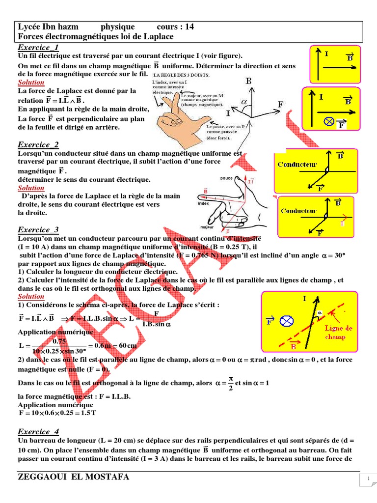 Solutions Exercices de Forces Electromagnc3a9tiques - Loi de Laplace | PDF | Électricité | Champ ...