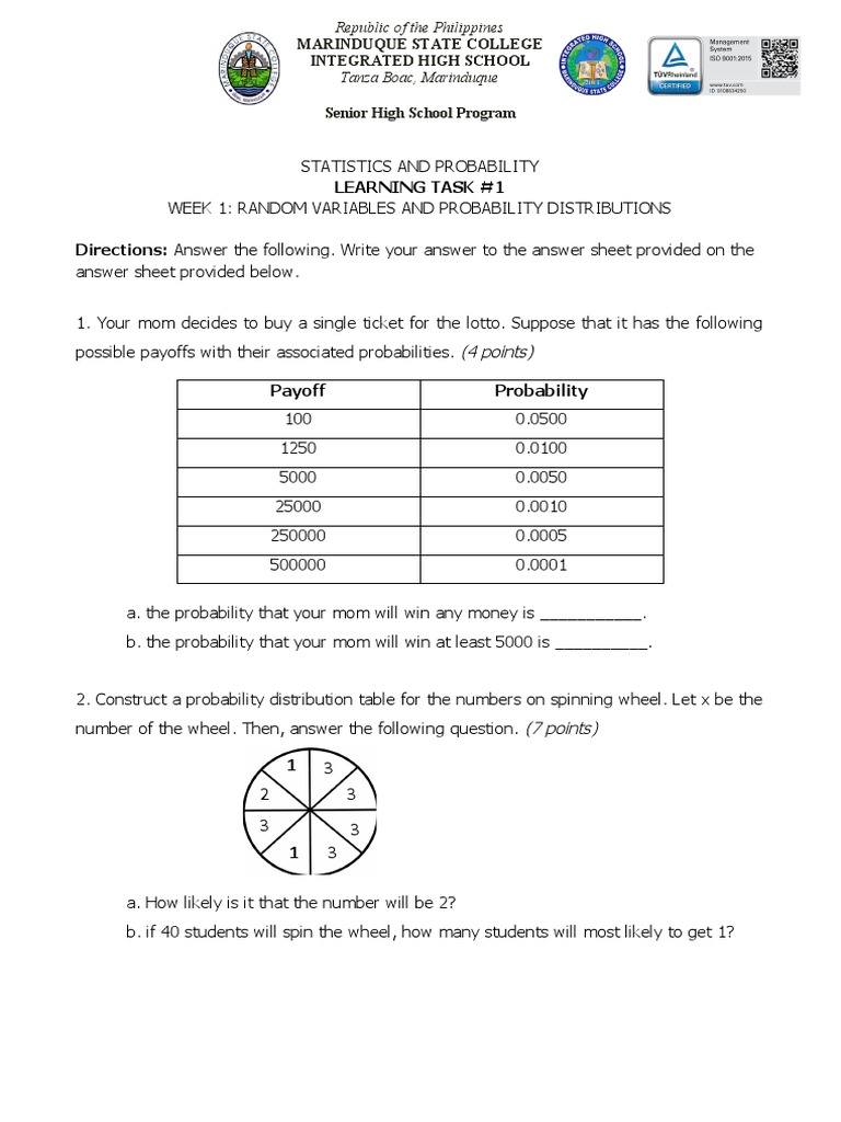 STAT AND PROB Learning Task 1 | PDF