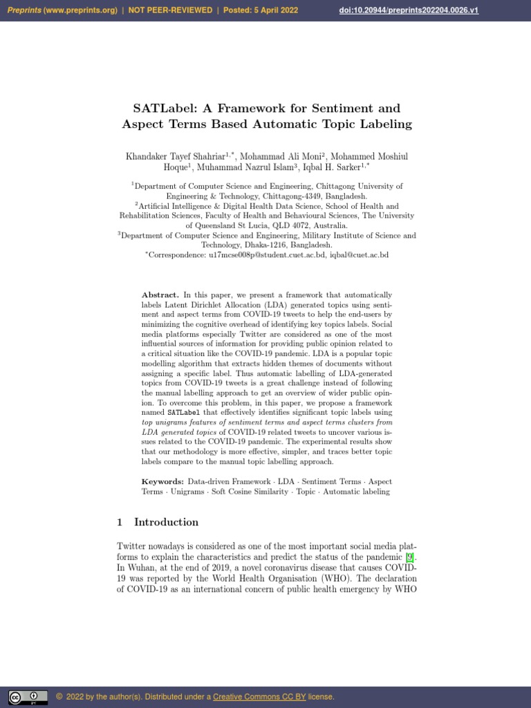 Satlabel A Framework For Sentiment And Aspect Terms Based Automatic Topic Labeling Pdf