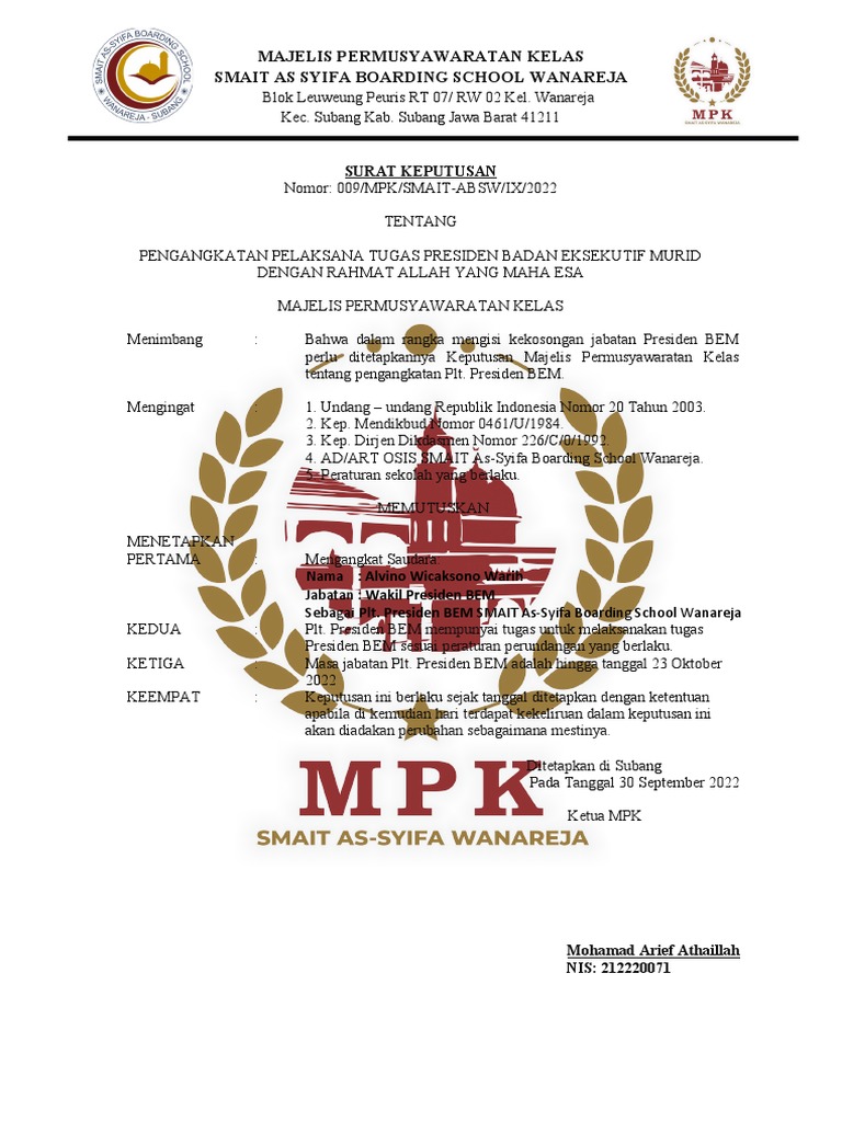 SK PLT Presiden Bem | PDF