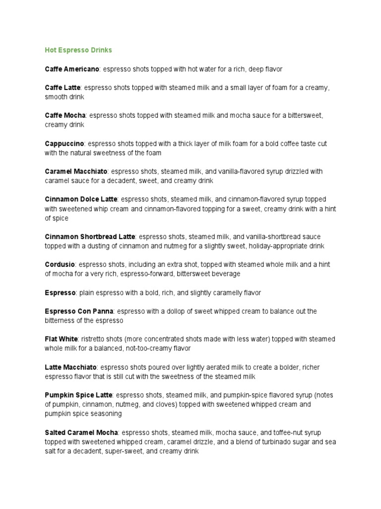 Starbucks Coffee Drink List | PDF | Food And Drink | Non Alcoholic Drinks