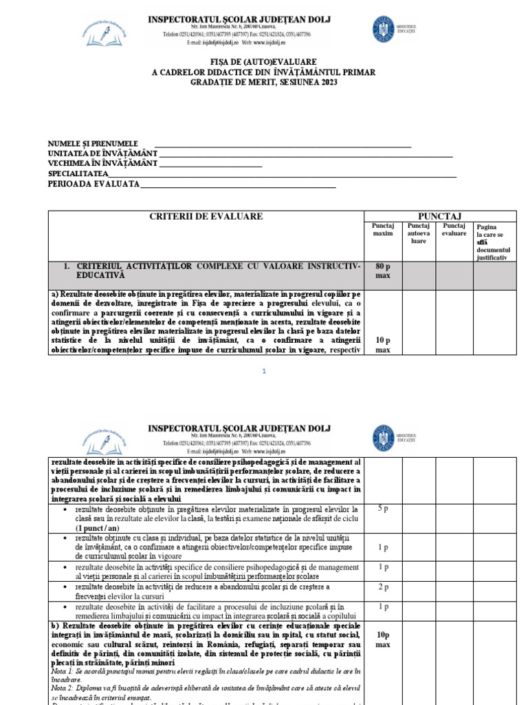 Fisa Sintetica de (Auto) Evaluare Cadre Didactice - Învățământ Primar - Gradatie 2023 PDF | PDF