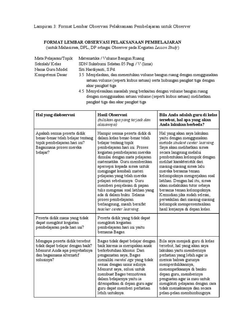 Lampiran 3 - Format Lembar Observasi Pelaksanaan Pembelajaran Untuk Observer | PDF