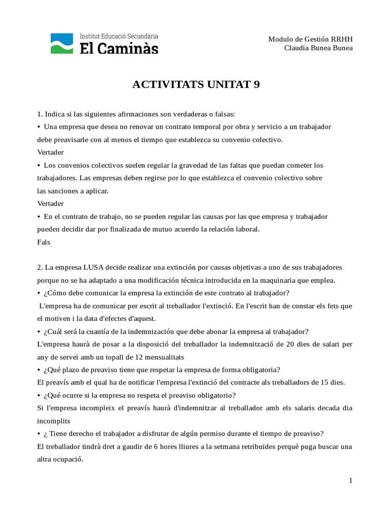 Activitdades Unidad 9 RRHH Claudia Bunea Bunea PDF | PDF | Labor ...