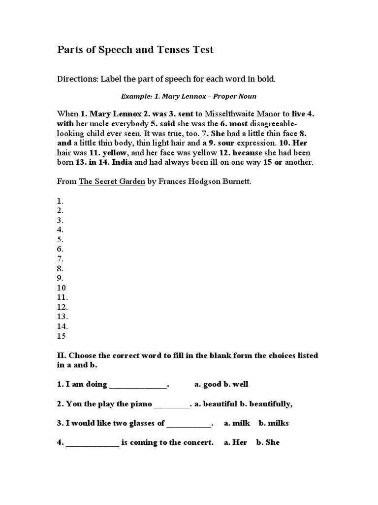 Parts of Speech and Tenses Test: Analyzing the Grammar in a Passage ...