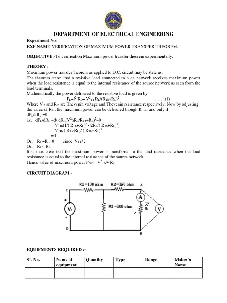 Max Power Transfer Theorem Verification | PDF