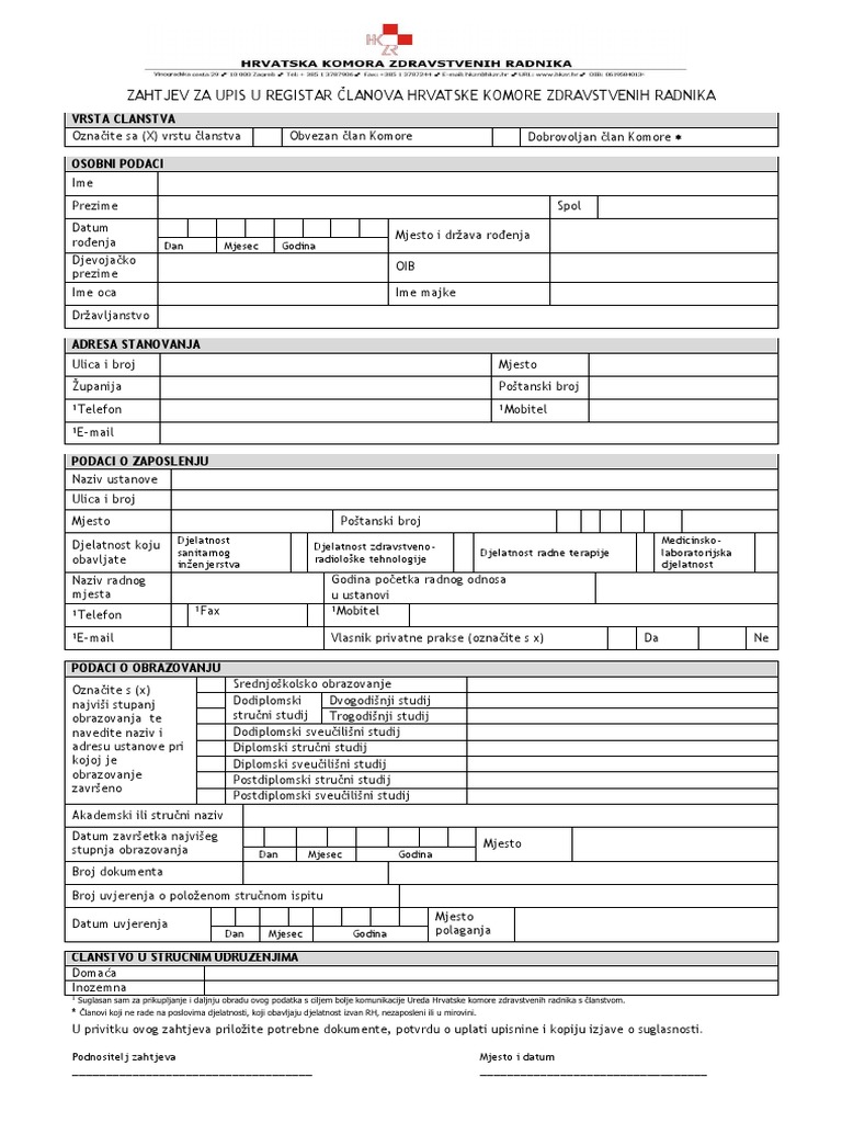 Zahtjev Za Upis U Registar Članova HKZR PDF | PDF