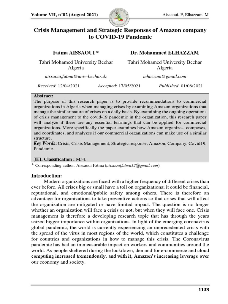 Crisis Management and Strategic Responses of Amazon Company To COVID-19 ... Crisis Management and Strategic Responses of Amazon Company To COVID-19 ...