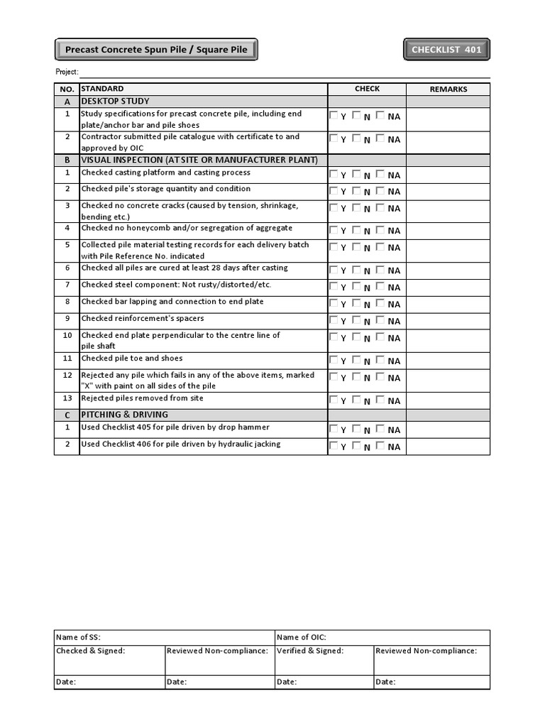 Precast Concrete Pile Inspection Checklist | PDF