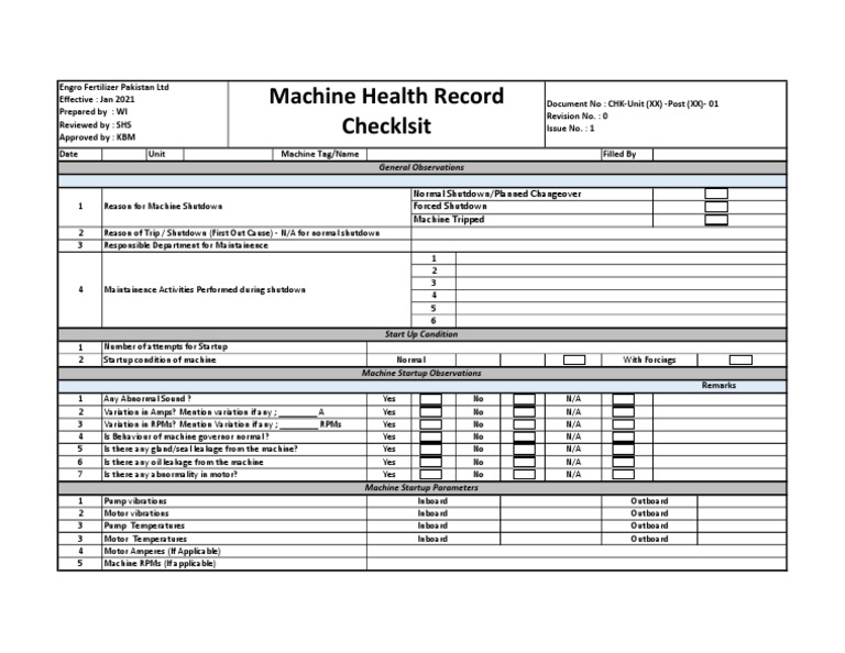 Machine Health Record Checklist PDF | PDF | Machines | Manufactured Goods