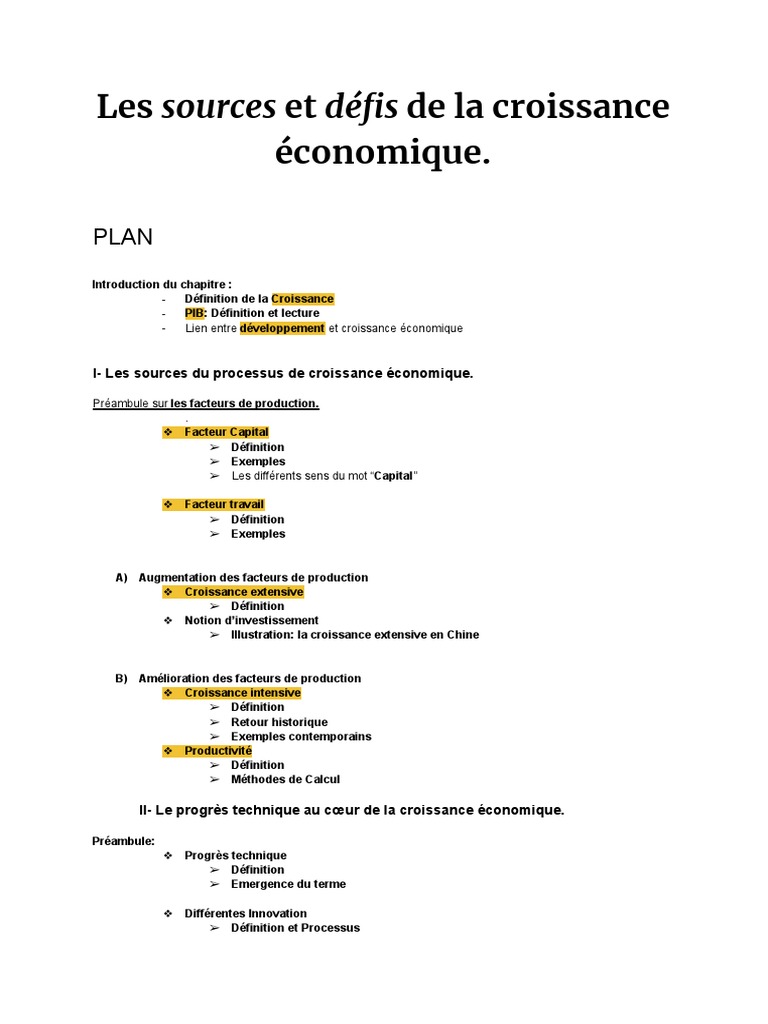 Cours Complet - Sources Et Défis de La Croissance Économique. Chapitre ...