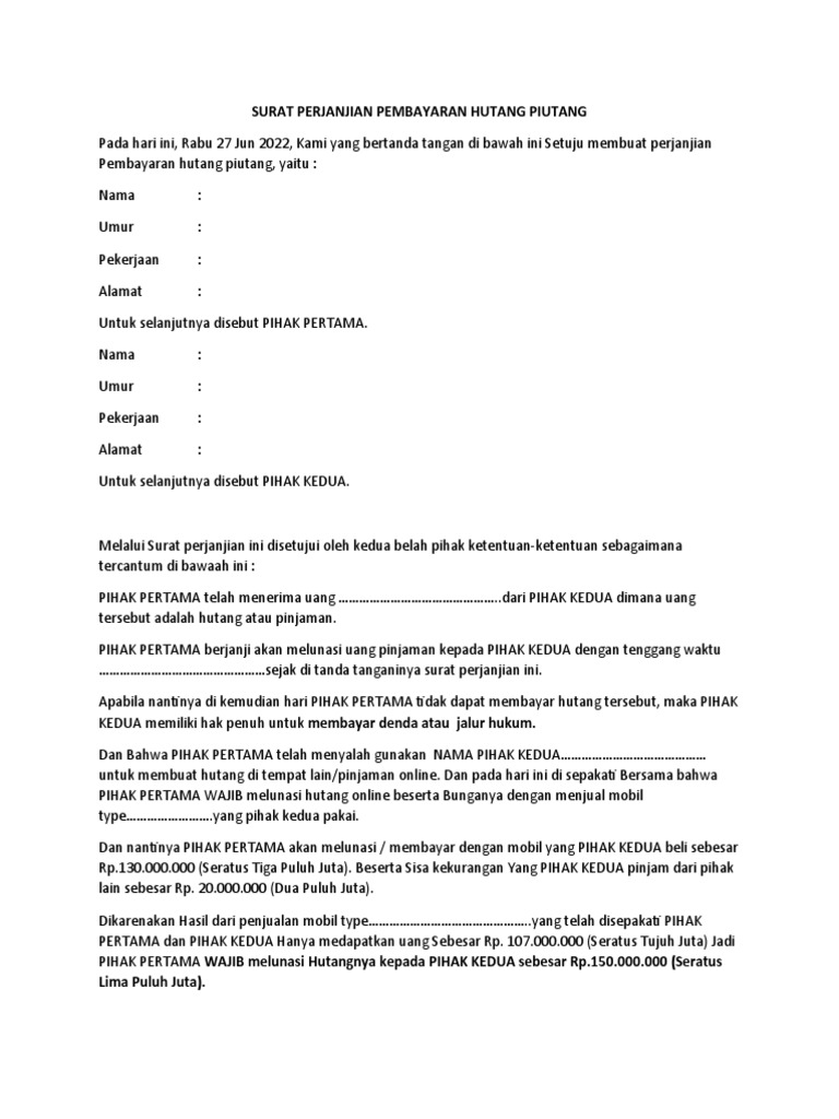 Surat Perjanjian Hutang Piutang | PDF