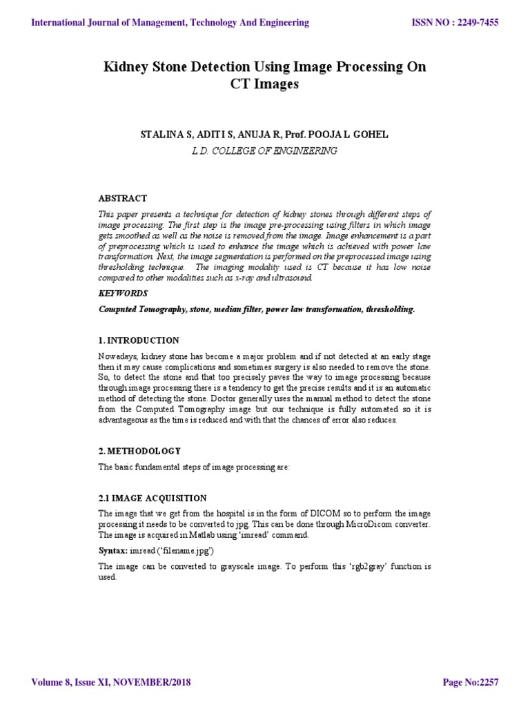 Kidney Stone Detection Using Image Processing | PDF | Ct Scan | Medical Imaging