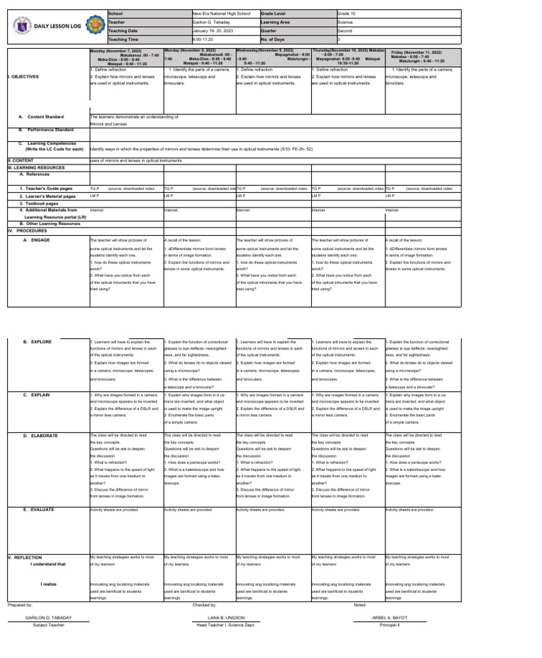 Grade 10 Science Lesson on Optics | PDF