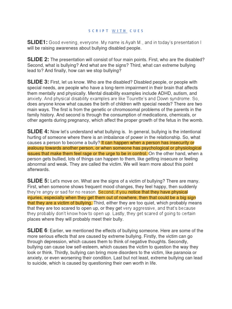 Slide1:: Script With Cues | PDF | Bullying | Mental Health