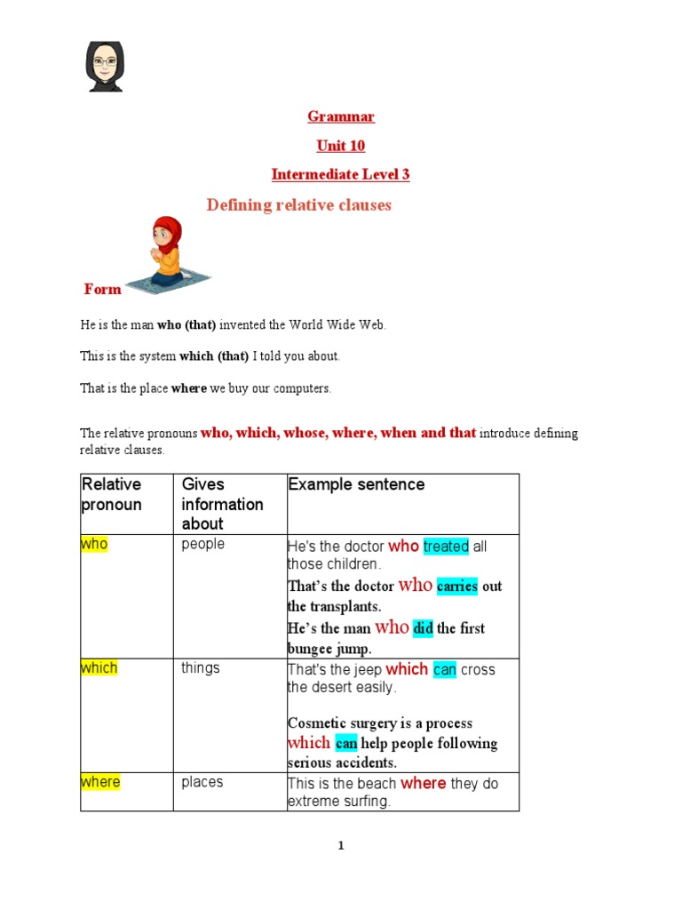 Unit 10-Defining Relative Clauses - Qu | PDF | Sentence (Linguistics ...