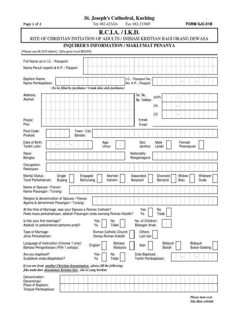 FORM SJC 01B - RCIA Info Sheet For Inquirers Eng BM PDF | PDF | Living Arrangements | Social ...