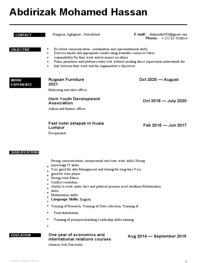 Abdirizak Mohamed Hassan's Resume | PDF | Career & Growth