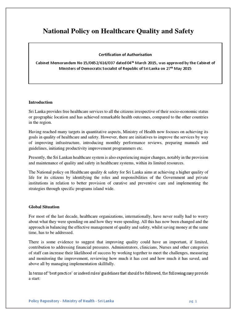 Sri Lanka Healthcare Quality Policy | PDF | Health Care | Evidence ...