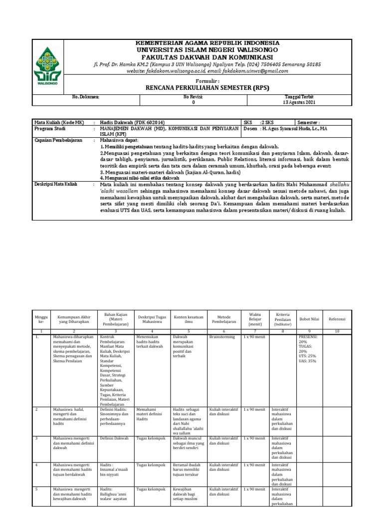 RPS HADITS Dakwah Agus Syamsul Huda | PDF