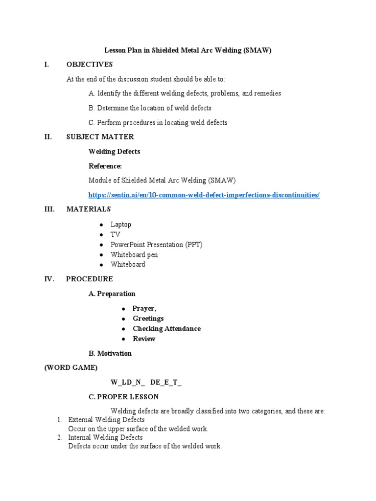 SMAW Welding Defects Lesson Plan | PDF