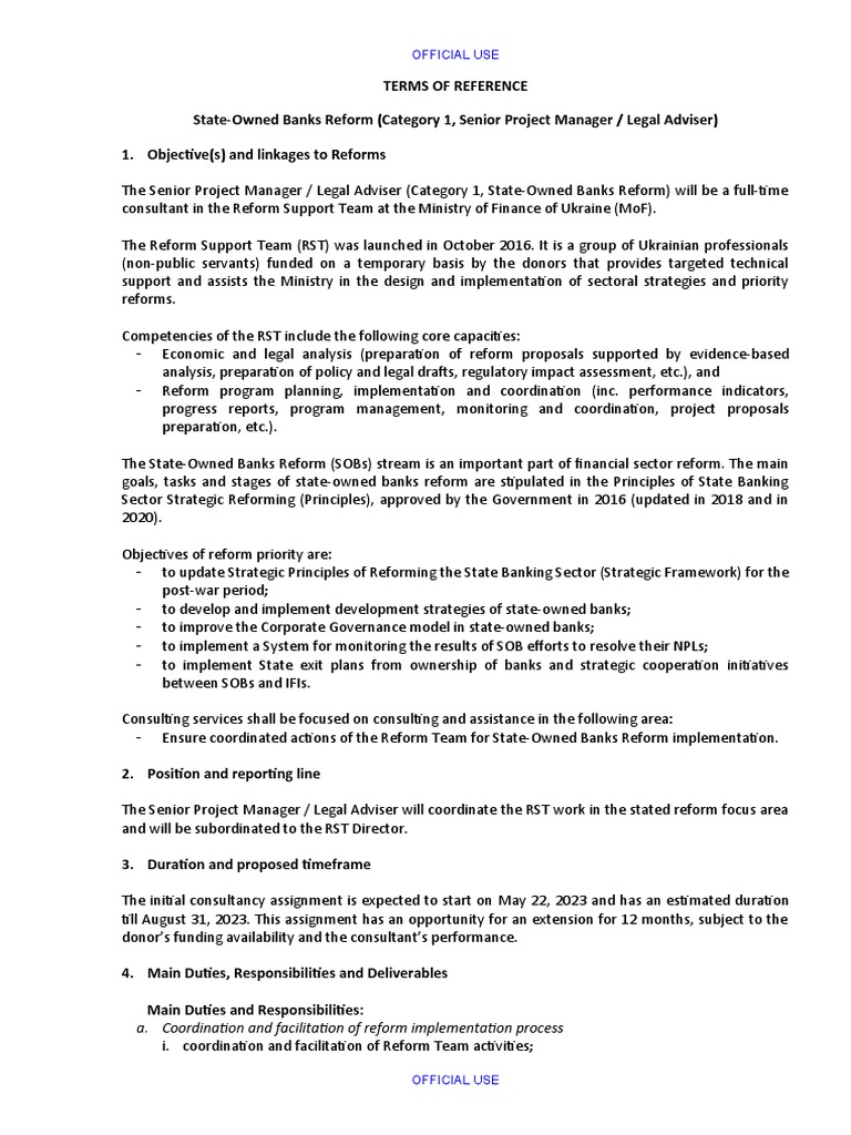 Senior Project Manager for Bank Reform | PDF | Governance | Corporate ...