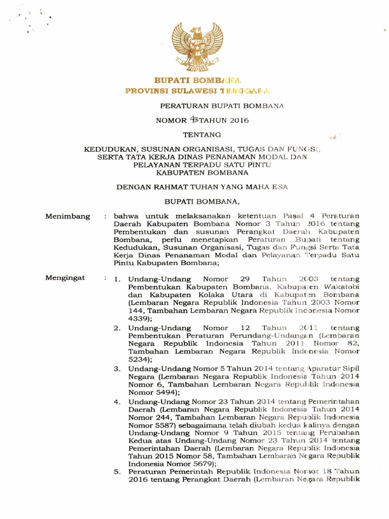 Perbup No 43 Tahun 2016 Ok PM Dan PTSP Ok | PDF
