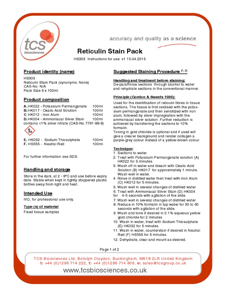 Reticulin Stain Pack Instructions | PDF | Staining | Silver