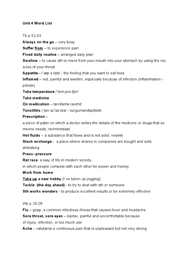 Unit 4 Vocabulary | PDF | Pain | Health Care