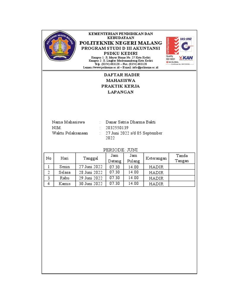 Daftar Hadir PKL Danar | PDF