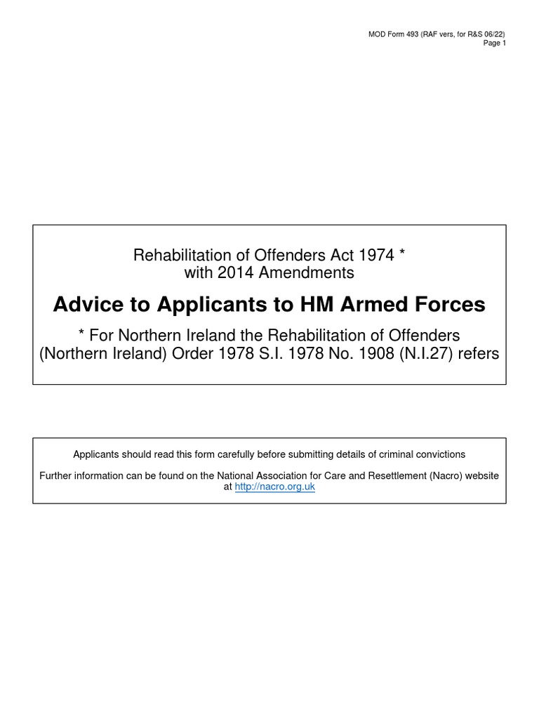 Rehabilitation of Offenders Act - MOD Form 493 - DOC-43003 PDF ...