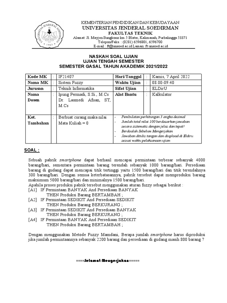 Soal UTS Sistem Fuzzy Gasal 2021 - 2022 (Informatika) | PDF Soal UTS Sistem Fuzzy Gasal 2021 - 2022 (Informatika) | PDF
