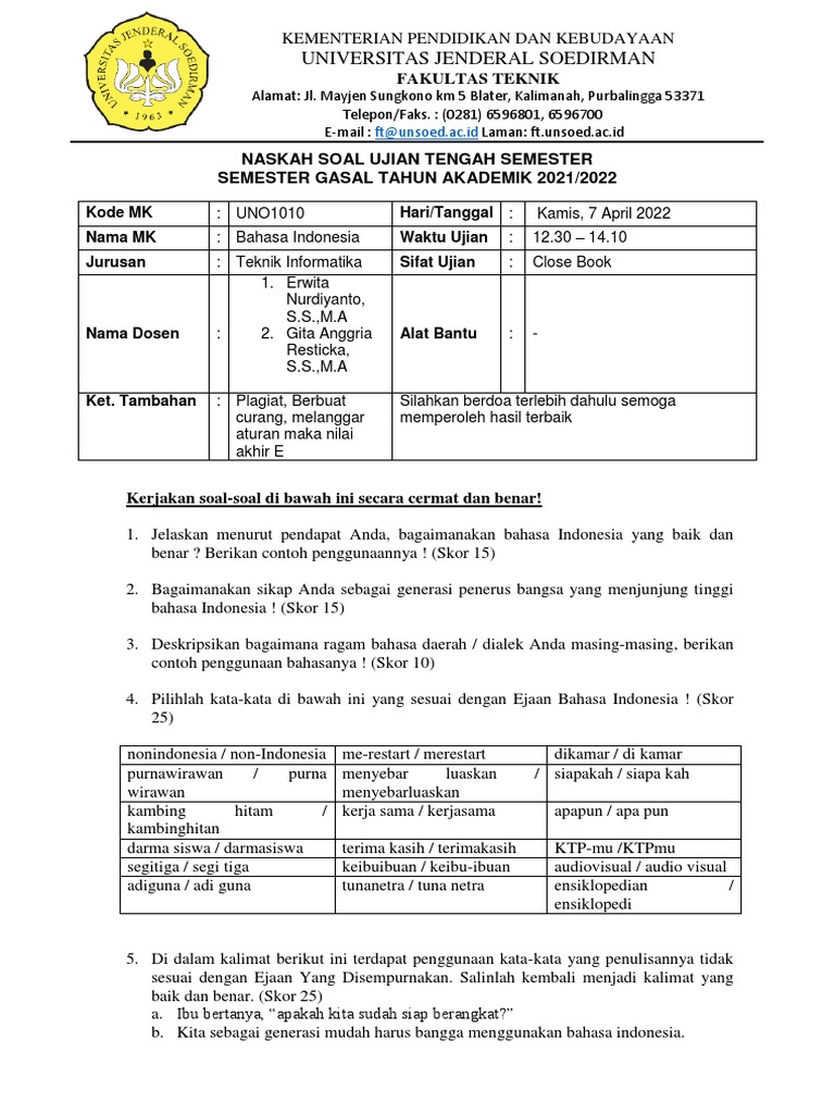 Soal UTS - Teknik Informatika Kelas A, B | PDF